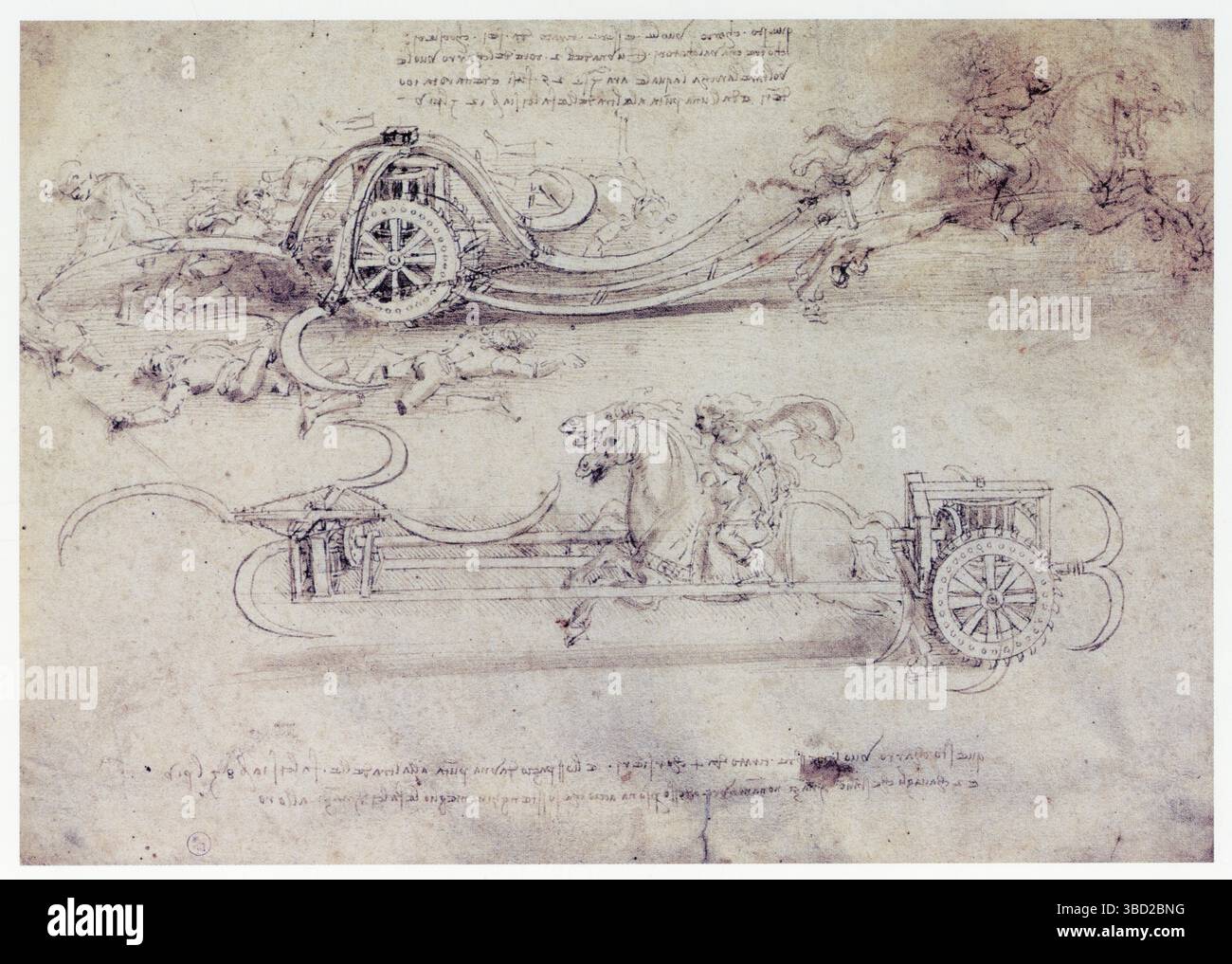 LEONARDO DA VINCI. BATTLE CART WITH MOBILE SCYTHES. 1485. PEN AND INK ...