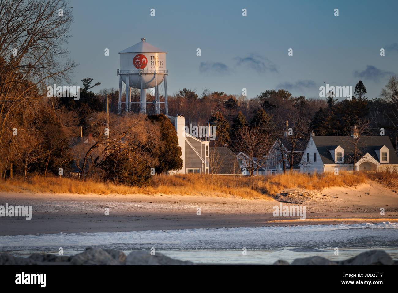 A morning January sun ishines on the water tower at Two Rivers ...