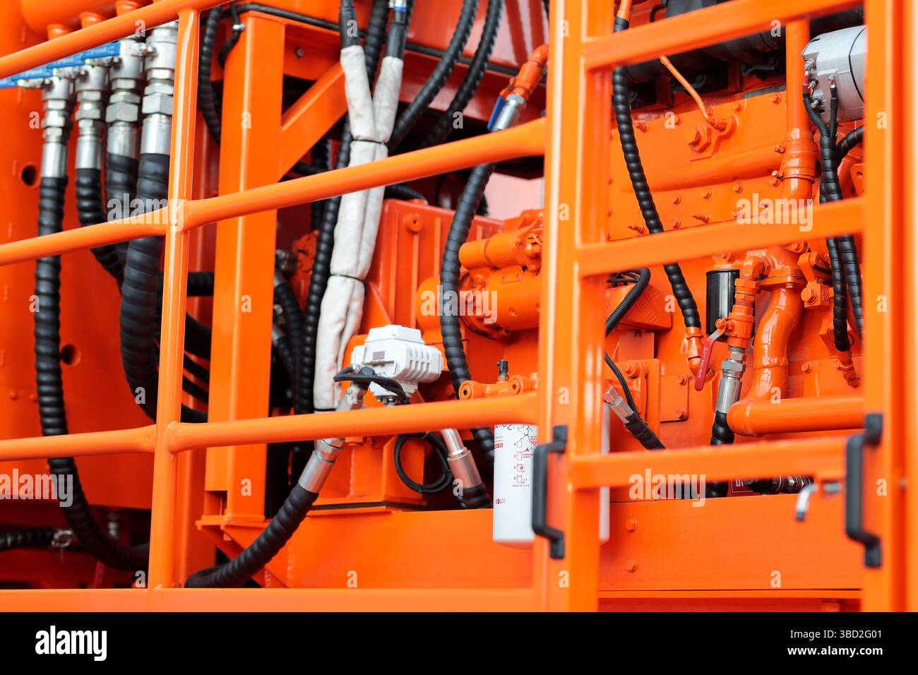 Frac blender unit hydraulic equipment close up. Trailer mounted ...