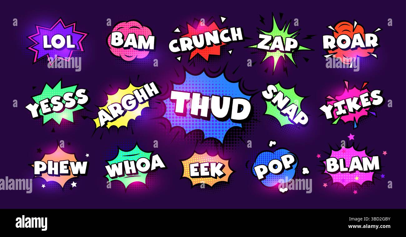 Comic sound effects with text like pop, bam, thud, wow, zap. Vibrant ...