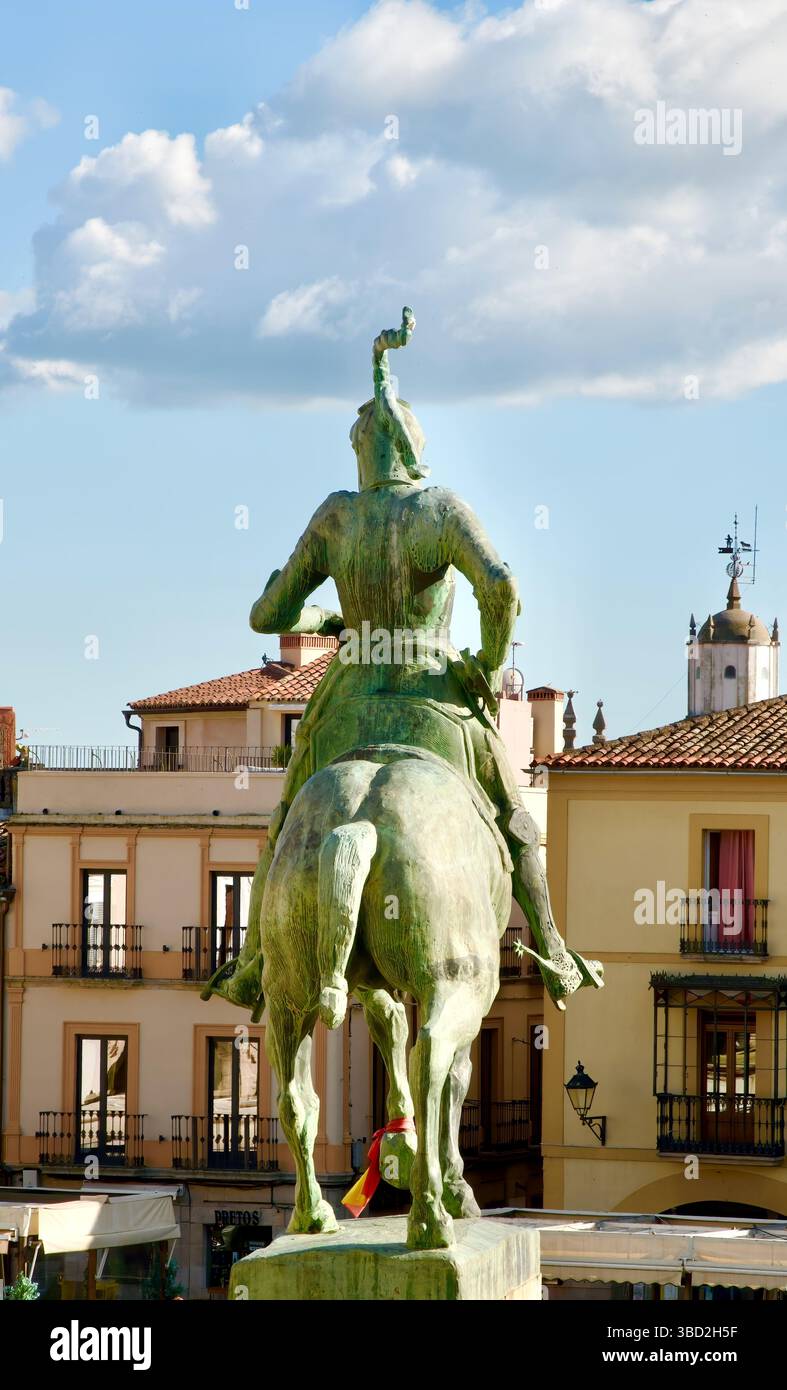 Rear view of a bronze equestrian statue of Spanish conquistador of the ...