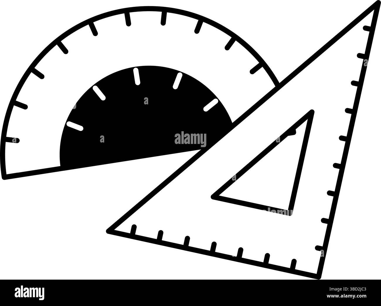 Simple line drawing icon of a triangular ruler and protractor used in ...