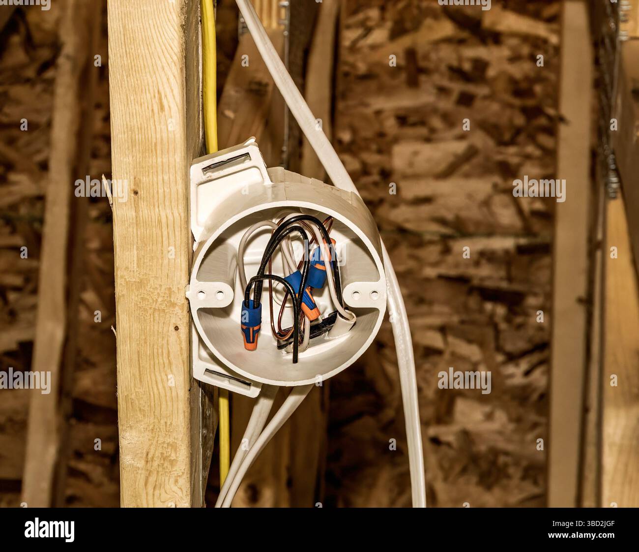 Framework of a ceiling space during construction. Rough-in phase shows ...