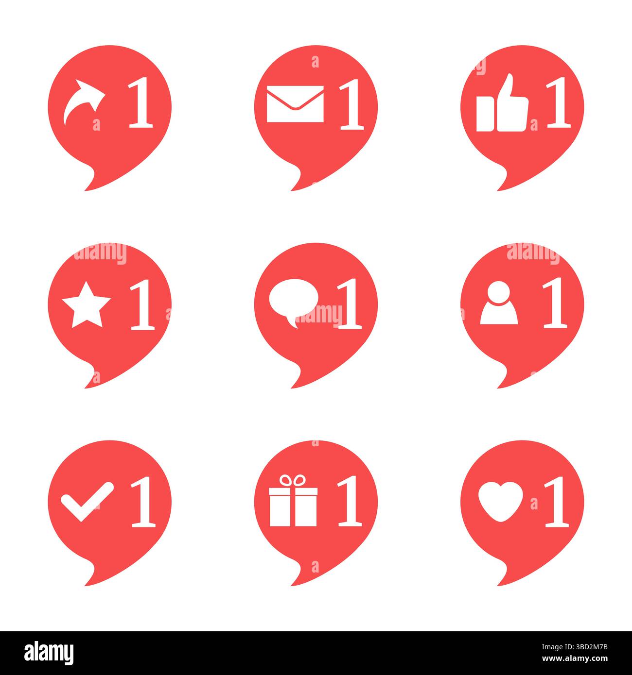 Set of nine notifications in social media. Heart, star, follower ...