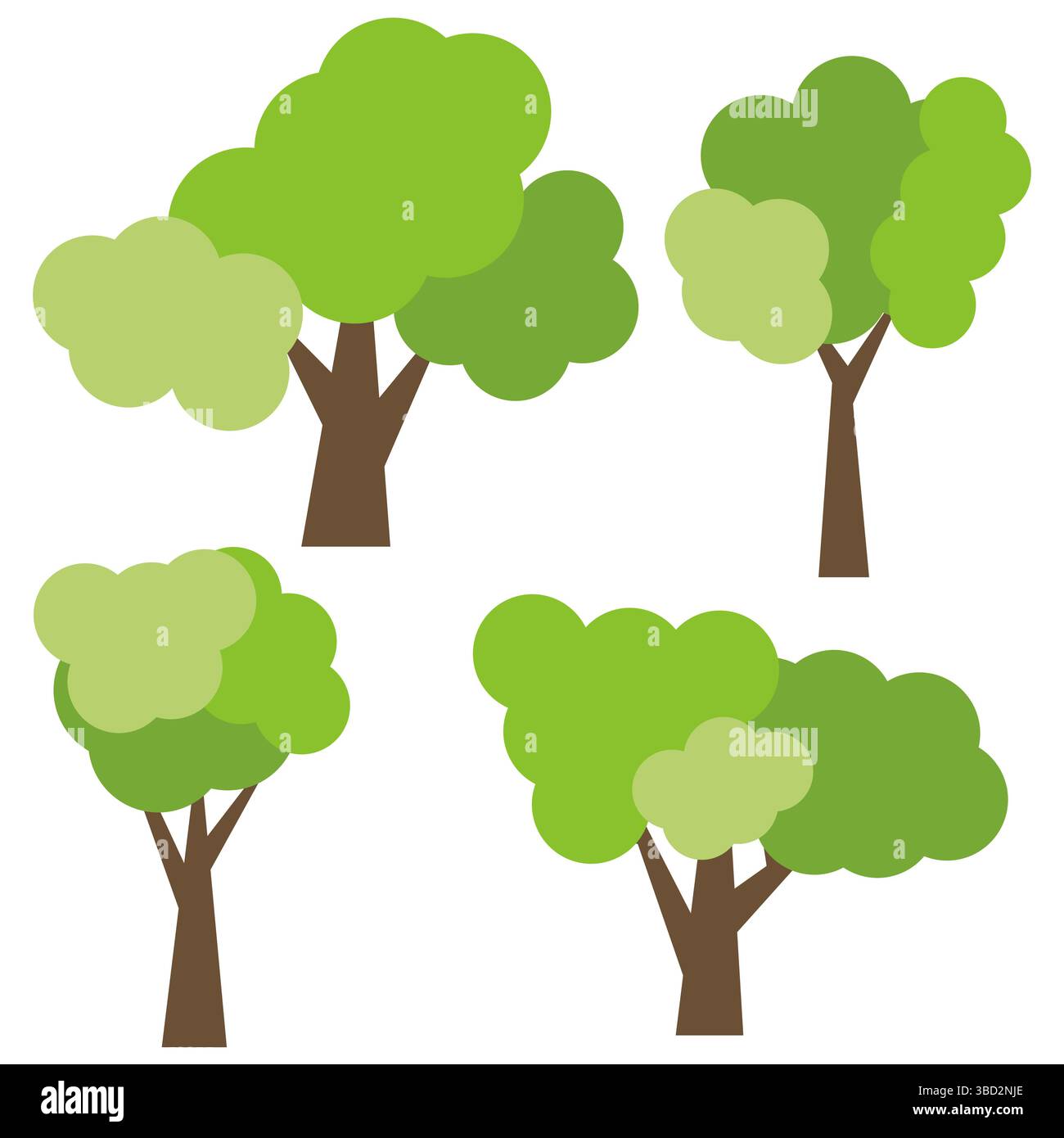 Set of four different cartoon green trees isolated on white background ...