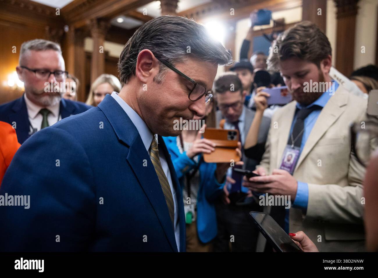House Speaker Mike Johnson (R-La.) departs after speaking with ...