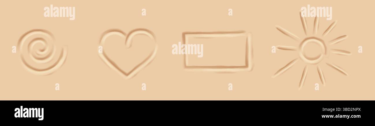 Illustration of various symbols drawn in sand. Beige color palette ...