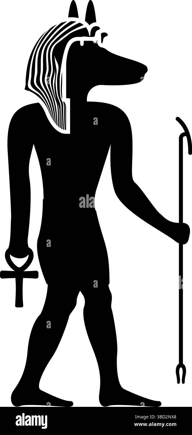 Anubis deity with jackal head ancient Egyptian god holds staff and anch ...