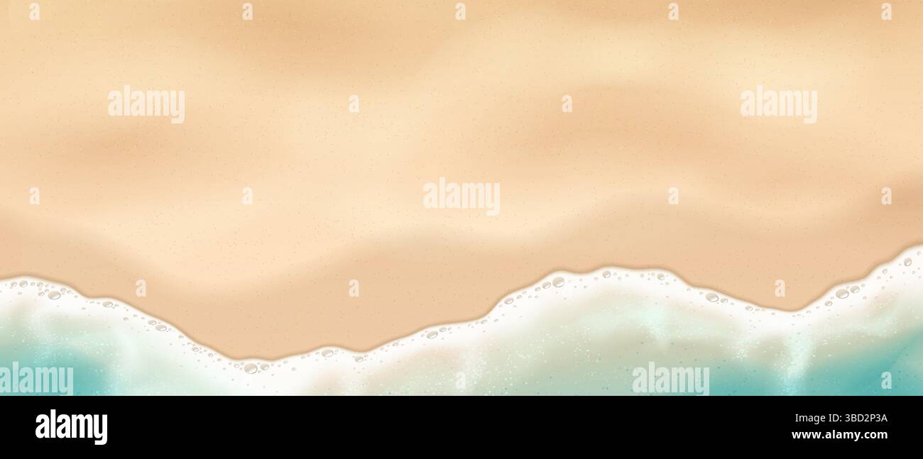 Illustration shows sandy beach with gentle waves in soft beige and blue ...