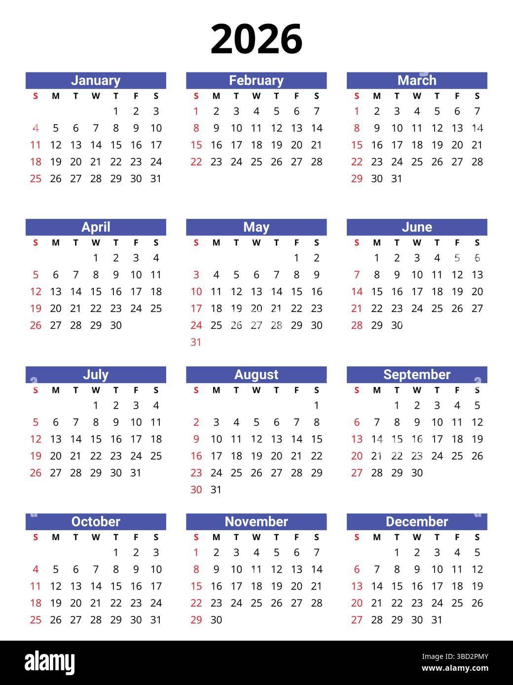 2026 year english vector calendar with 12 months (week start sunday Stock Vector Image & Art - Alamy