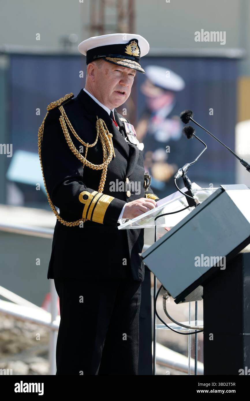Second Sea Lord Vice Admiral Sir Martin Connell gives a speech delivers ...