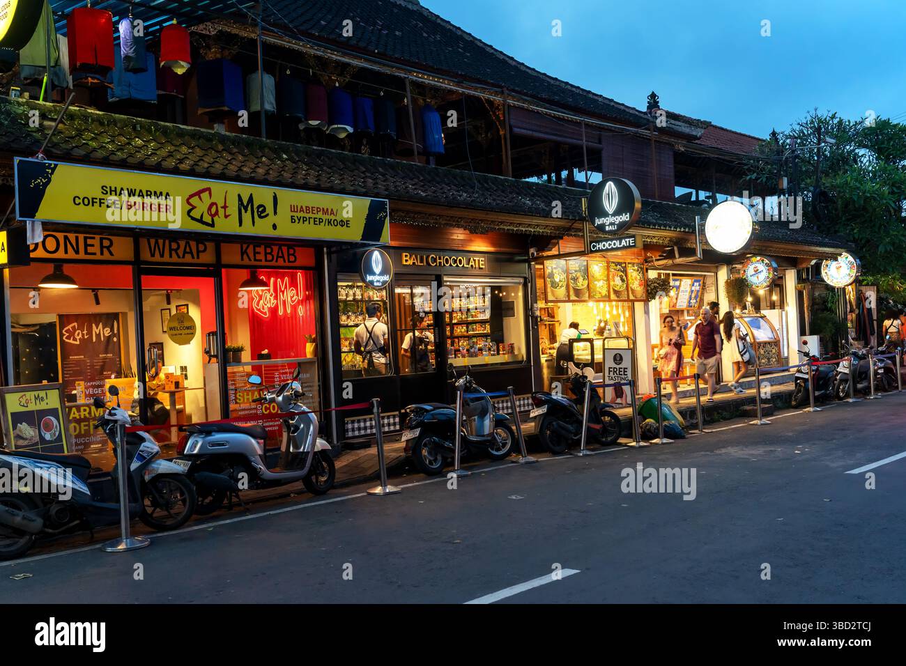 Ubud, Indonesia - May 16, 2025: Night view cafes and shop at Ubud ...