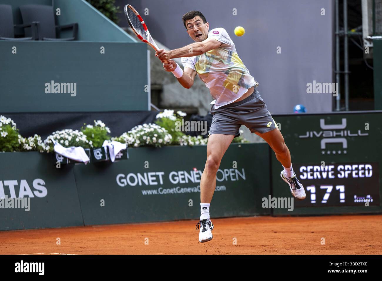 Sebastian Ofner of Austria returns a ball to Karen Khachanov of Russia during their quarter ...