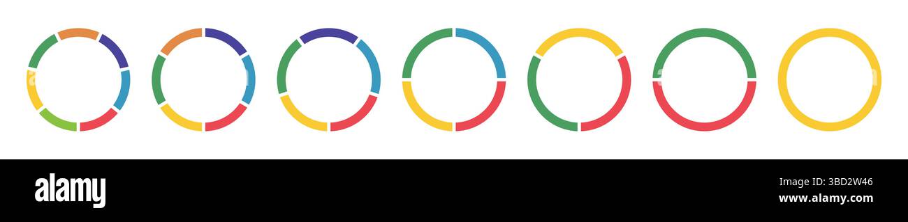 Donut charts, pies segmented on from 1 to 7 equal parts. Wheel divided ...