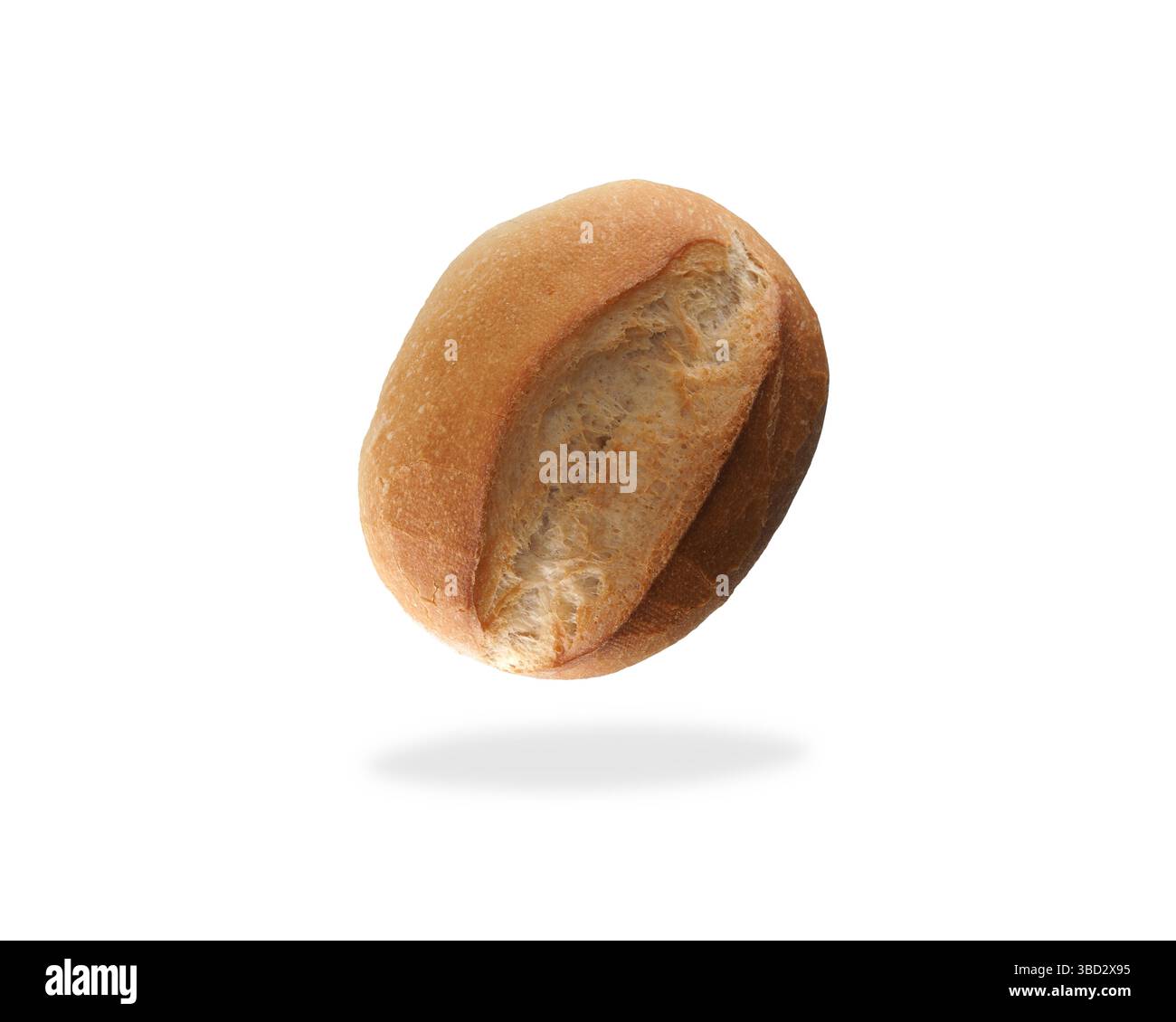 Freshly baked bread rolls are floating against a clean white background ...