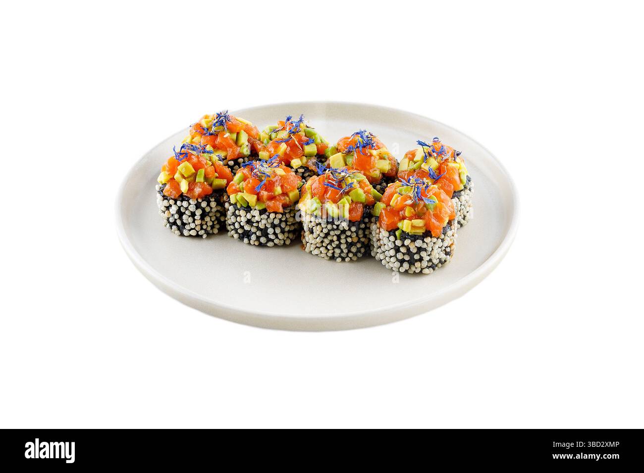 Crispy Puffed Rice Sushi Rolls Topped with Salmon and Avocado Stock ...