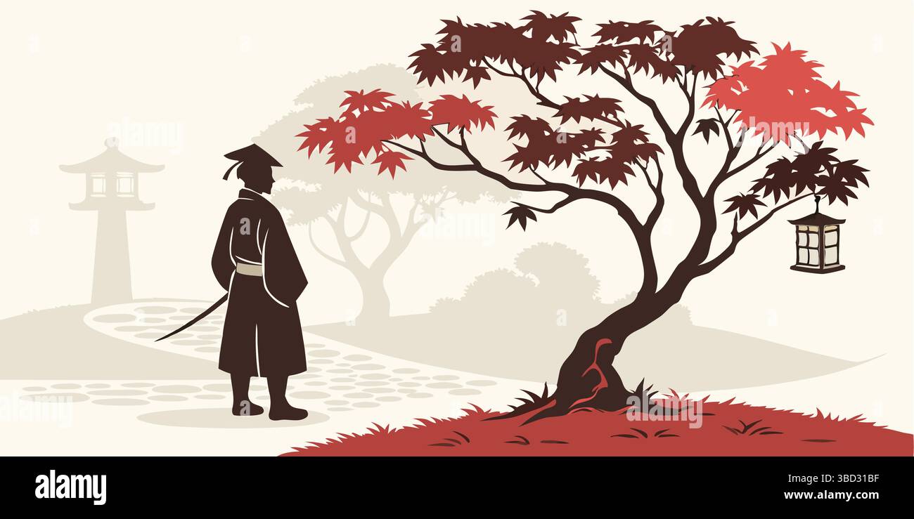 Samurai Warrior Under Red Maple Tree with Hanging Lantern for ...