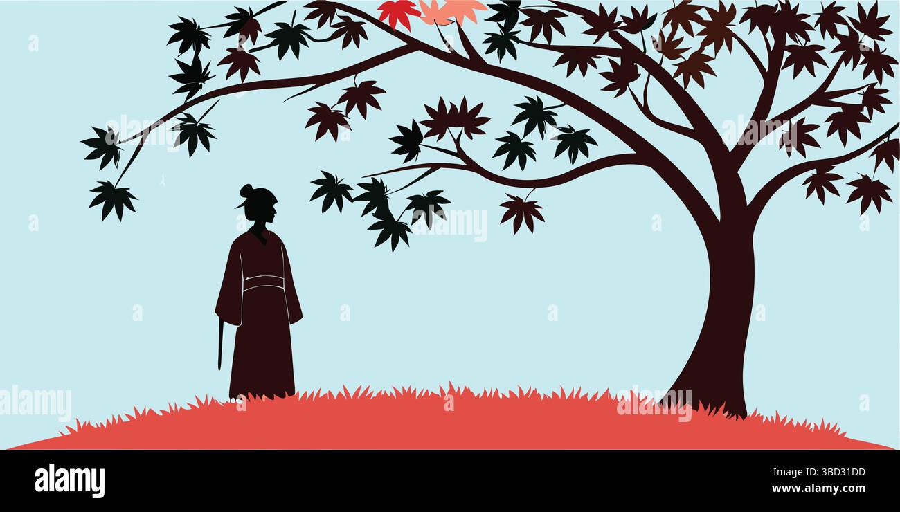 Samurai Warrior Under Red Maple Tree with Hanging Lantern for ...