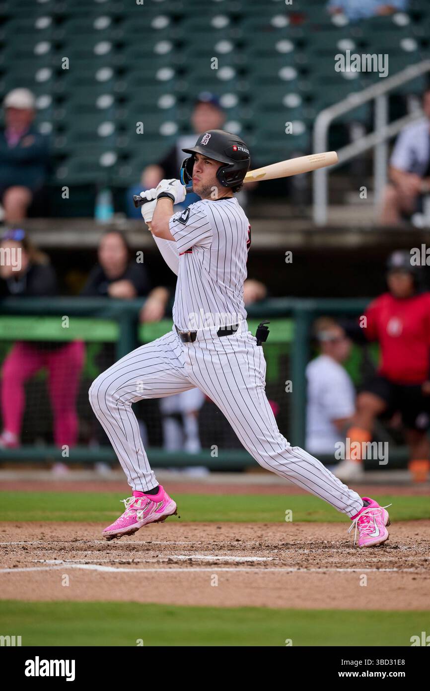Birmingham Barons Jacob Gonzalez (1) bats during an MiLB Southern League baseball game against ...