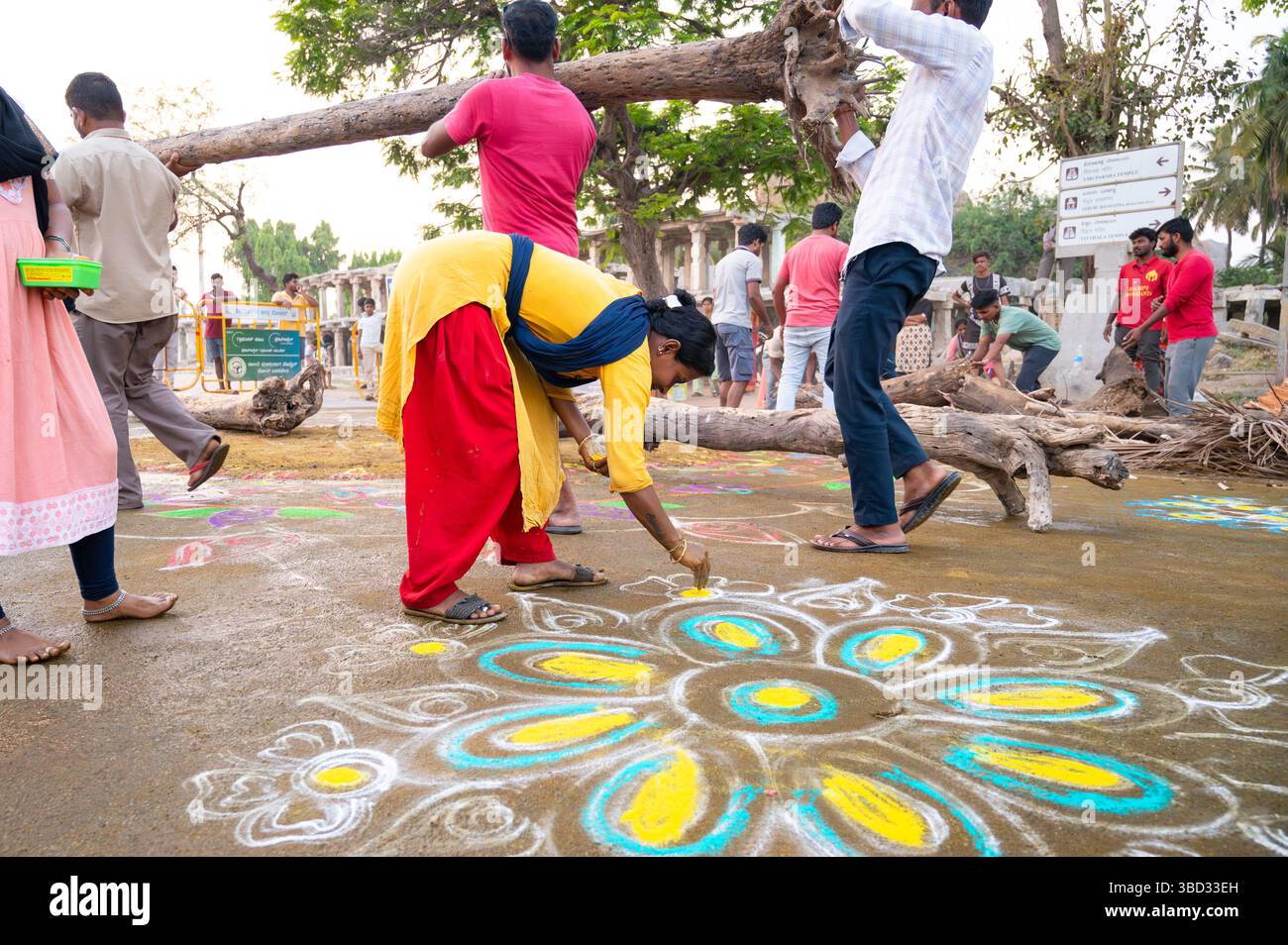 Kolam, colorful sandpainting with rice powder drawn by women and girls ...