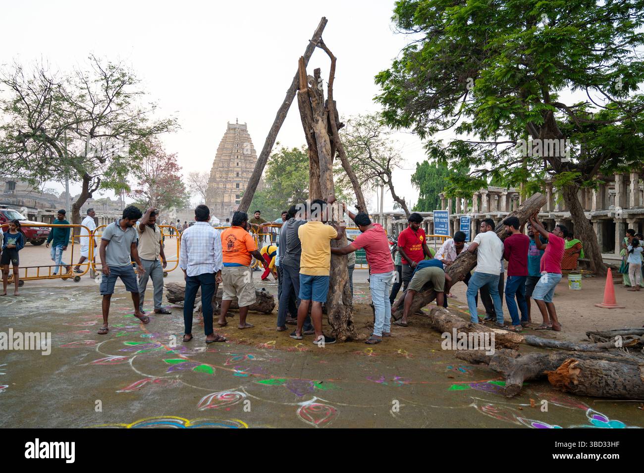 Holika Dahan, men collect wood for ritual bonfire, Kolam colorful ...