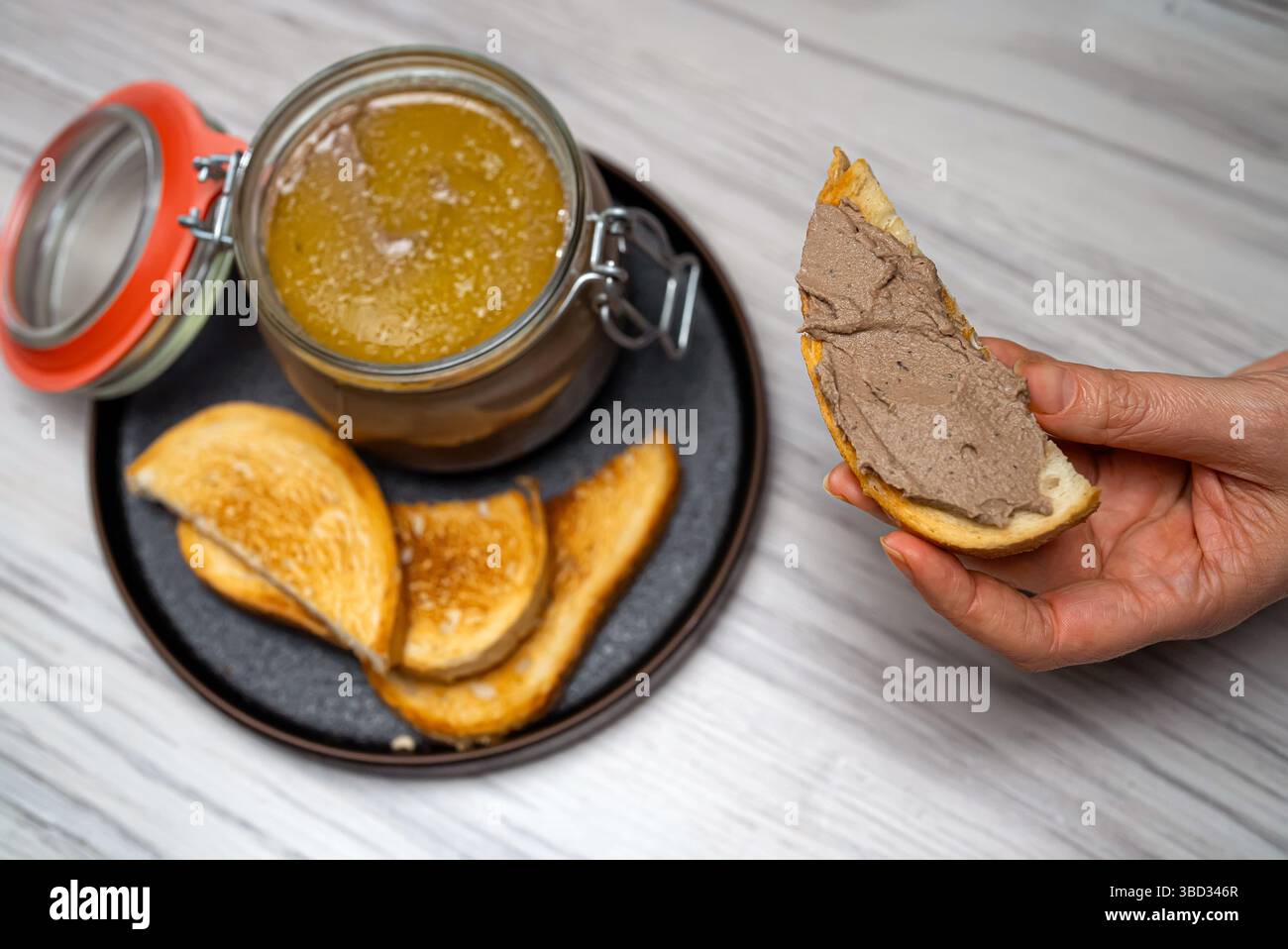 Rustic Homemade Liver Pâté in Glass Jar with Freshly Fried Buns Stock ...