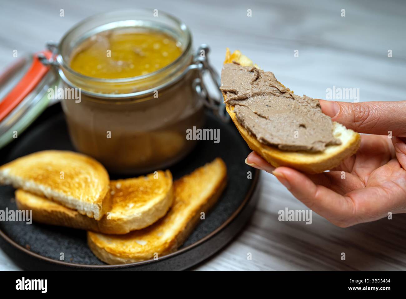 Rustic Homemade Liver Pâté in Glass Jar with Freshly Fried Buns Stock ...