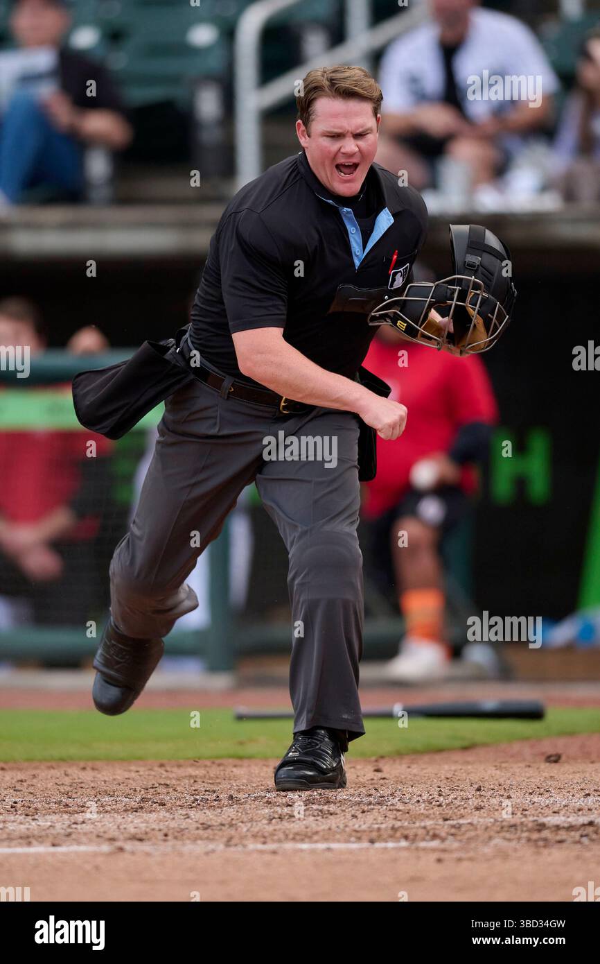 Umpire Jared Duerson calls a runner out on a play at the plate during ...