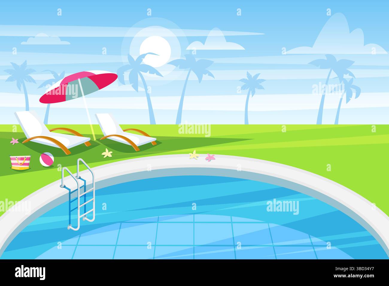 Summer background with circle pool resort landscape, umbrella and ...