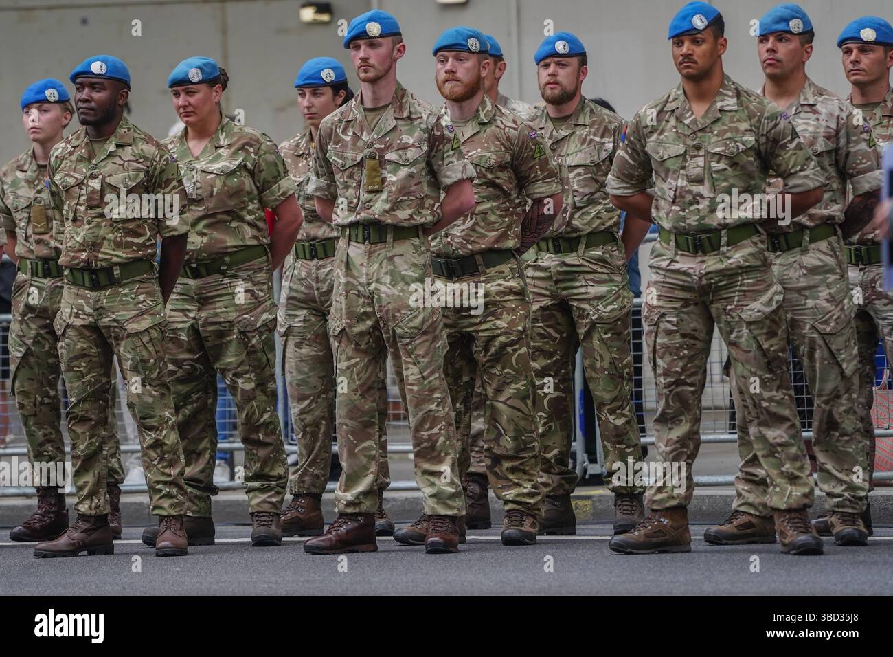 London, UK. 22 May 2025. British army soldiers wearing blue berets ...
