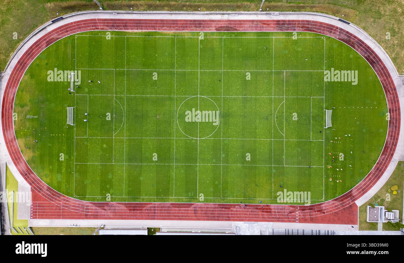 Aerial view of a large football field with multiple training markings ...