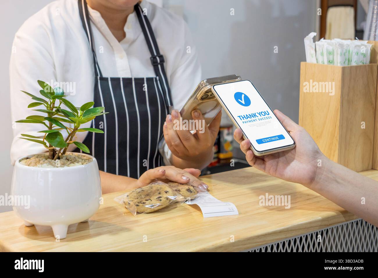 customer using smartphone for payment at cafe restaurant by mobile digital wallet. cashless ...