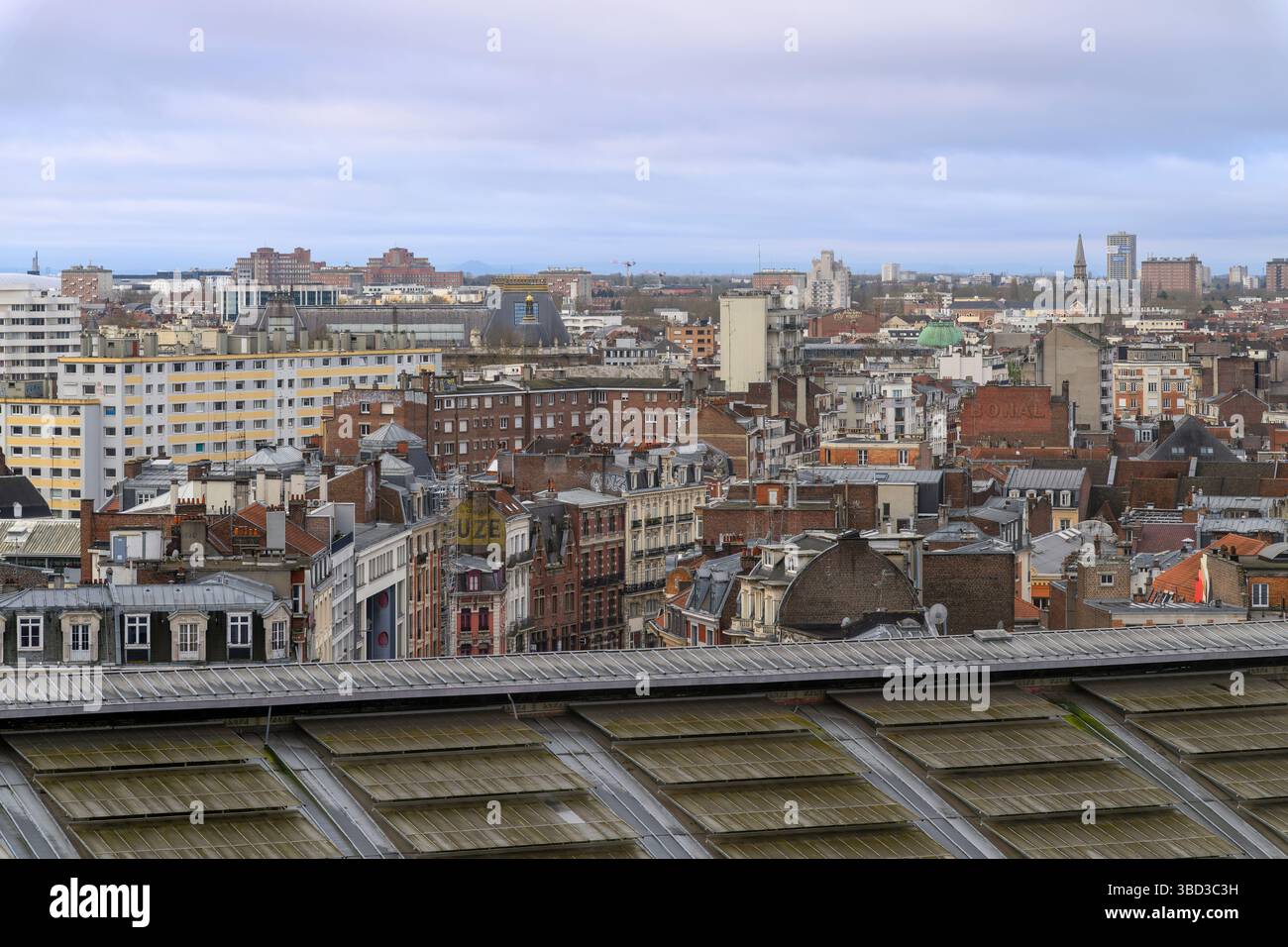 Cityscape over the rooftops and pretty streets in Lille, shot from ...