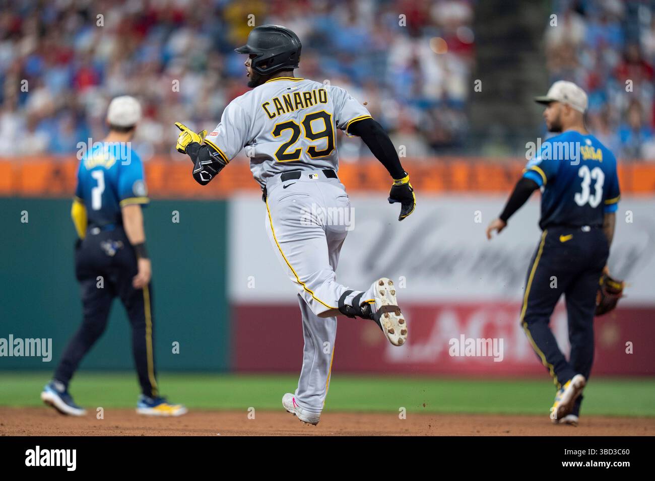 Pittsburgh Pirates' Alexander Canario reaqcts to his home run during a ...