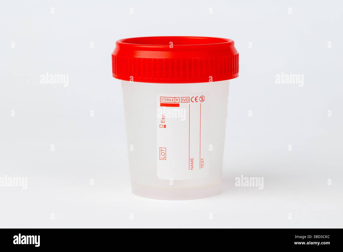 Sterile medical sample container with red lid on white background Stock ...