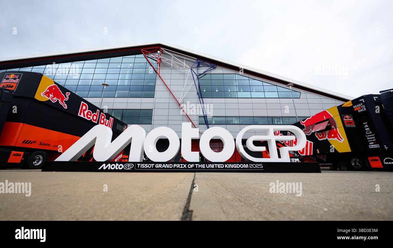 TOWCESTER, UNITED KINGDOM. May 22: A giant sign of the MotoGP is ...