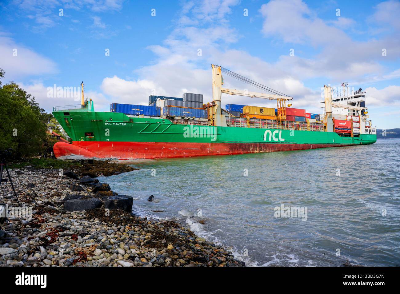 A container ship ran aground in the Trondheimsfjord, Trondheim, Norway ...