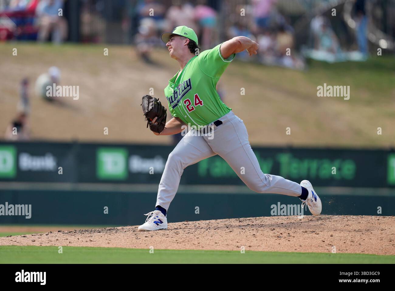 Relief pitcher Seth Clark (24) of the Hub City Spartanburgers delivers ...