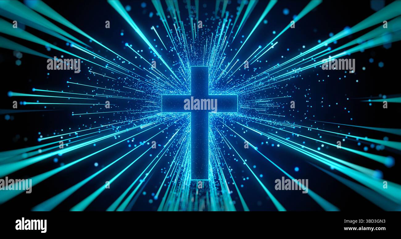 Cross animation with lights and particles on blue. Easter, resurrection ...