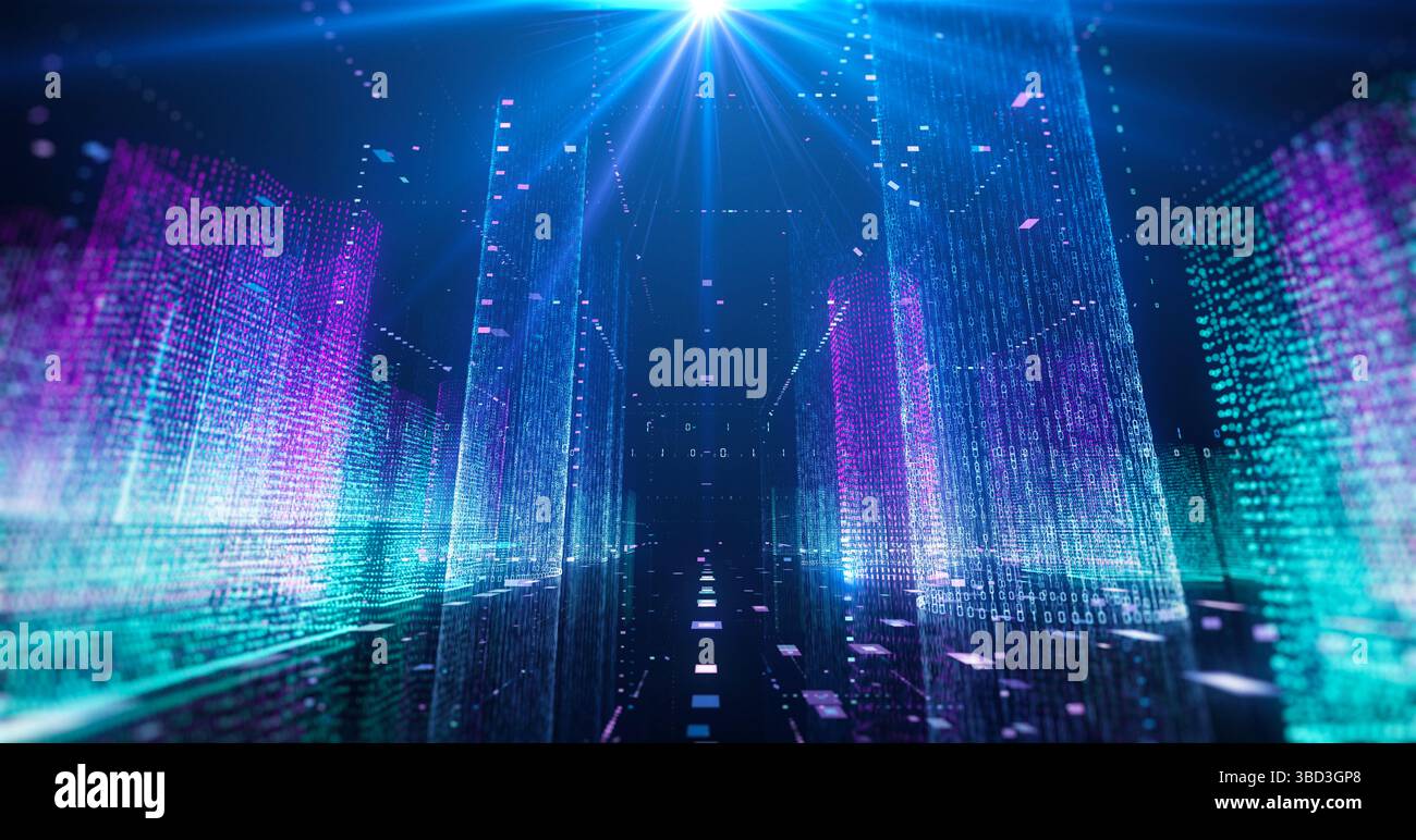 Digital smart city animation with lights and colorful buildings. City ...