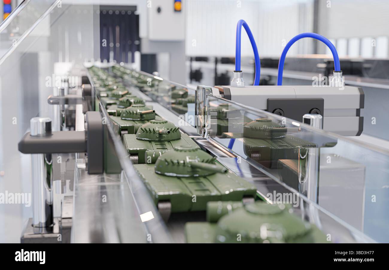 Miniature tanks move along an automated assembly line in a modern ...