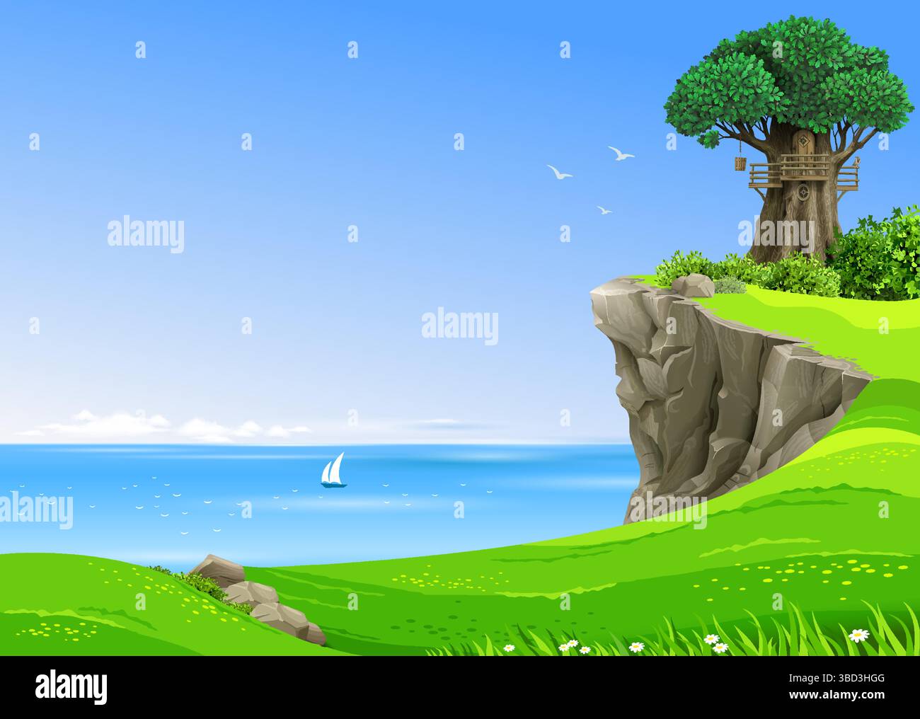 Landscape of vintage oak tree and green hills. Vector banner landscape ...