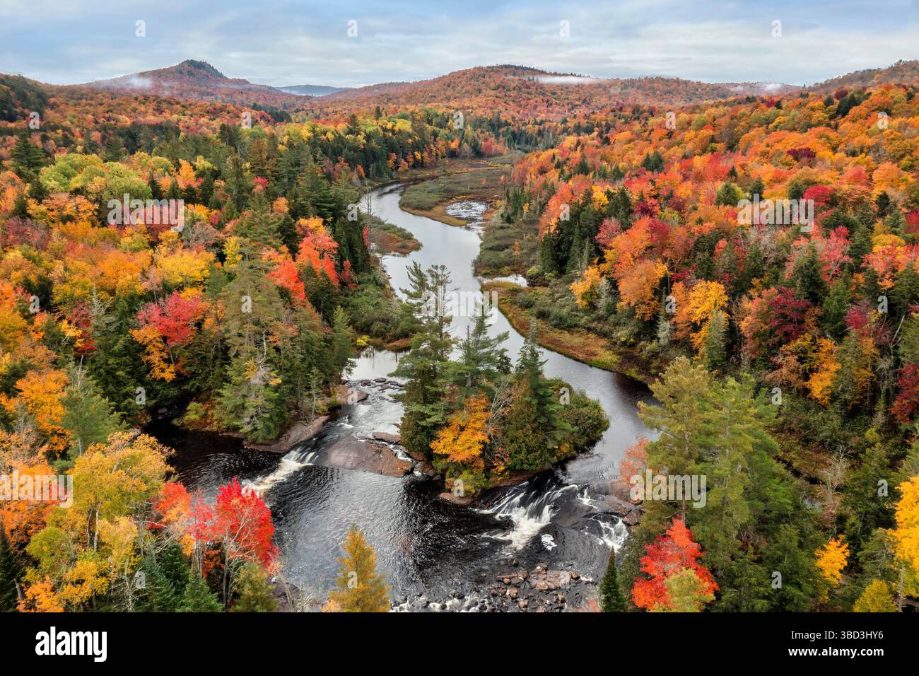 Aerial view of Bog River Falls near Tupper Lake in Adirondack Park in ...