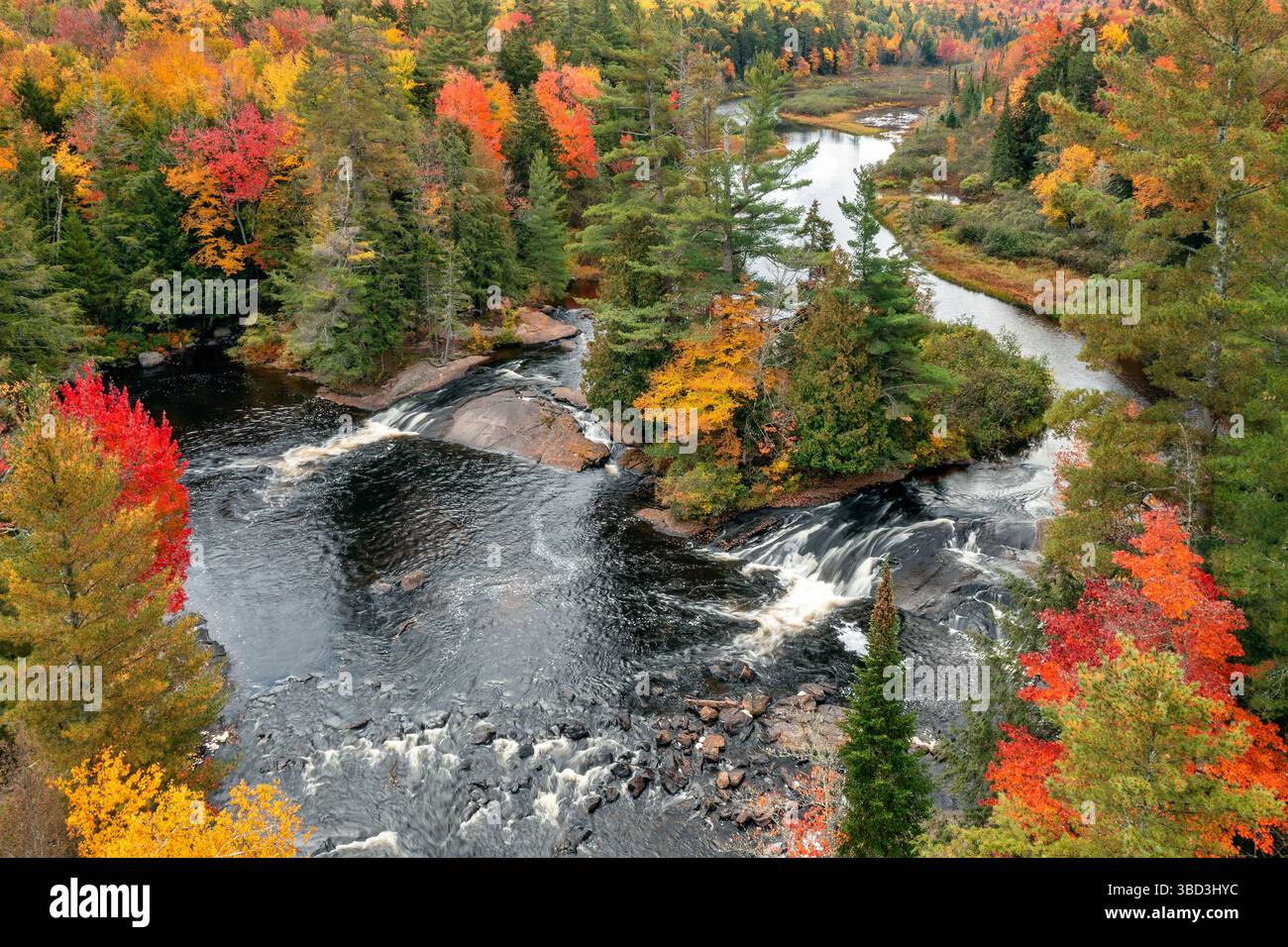 Aerial view of Bog River Falls near Tupper Lake in Adirondack Park in ...