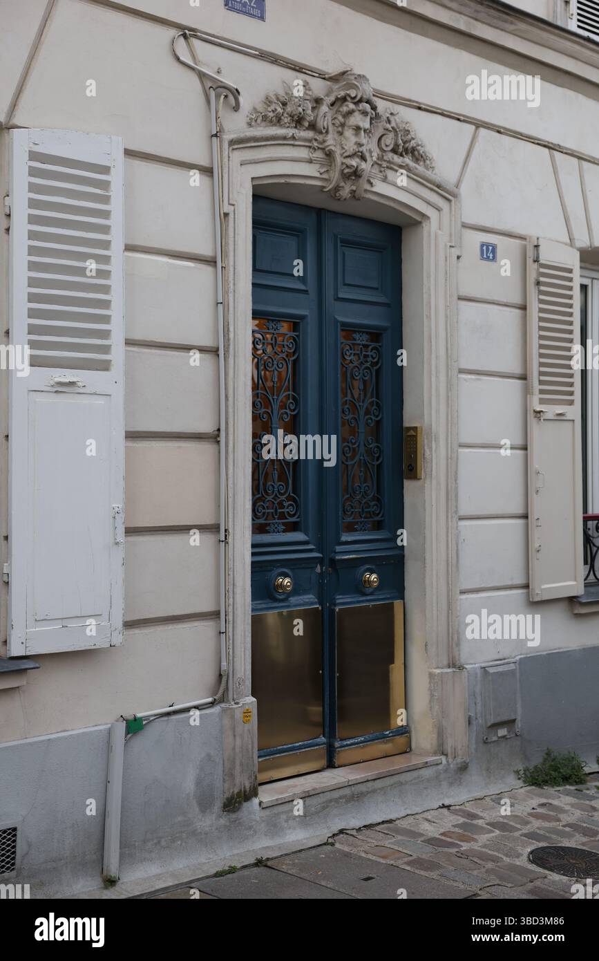 An elegant set of dark blue double doors with intricate wrought iron ...
