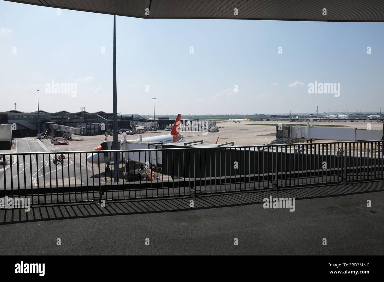 A busy airport terminal features several parked airplanes, jet bridges ...