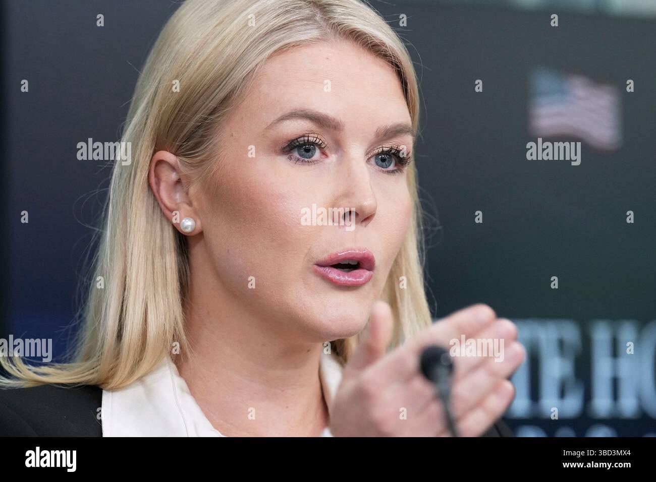 White House press secretary Karoline Leavitt speaks with reporters in the James Brady Press ...