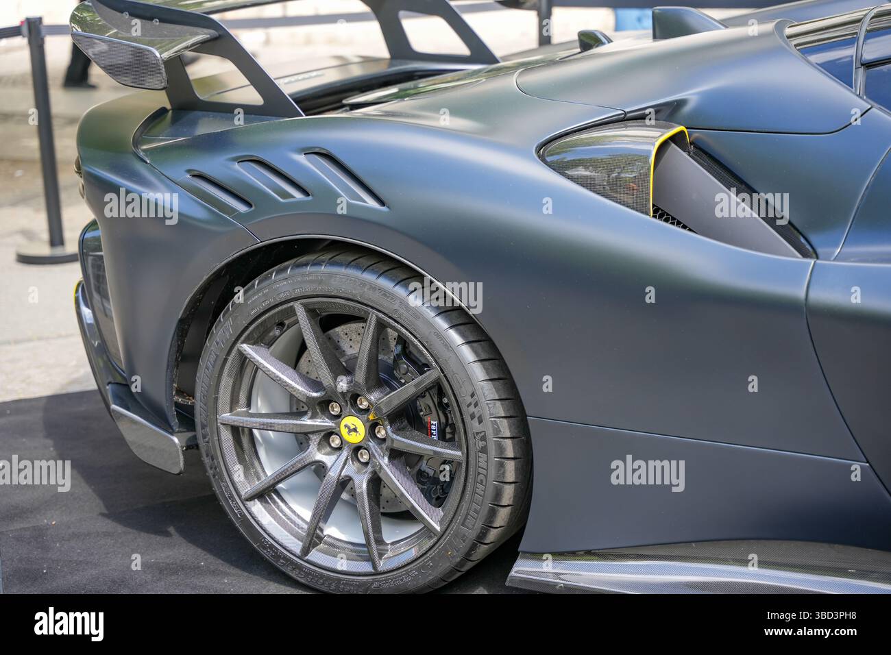 Germany Berlin May 11, 2025. Ferrari rear view with carbon fiber wheel ...