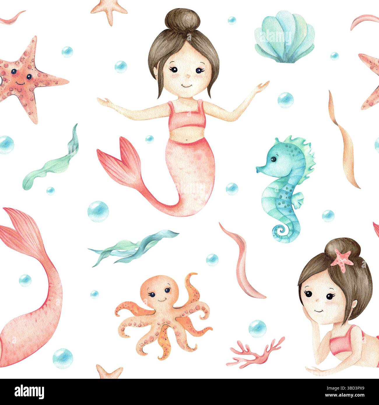 Mermaids, sea creatures children illustration seamless pattern ...