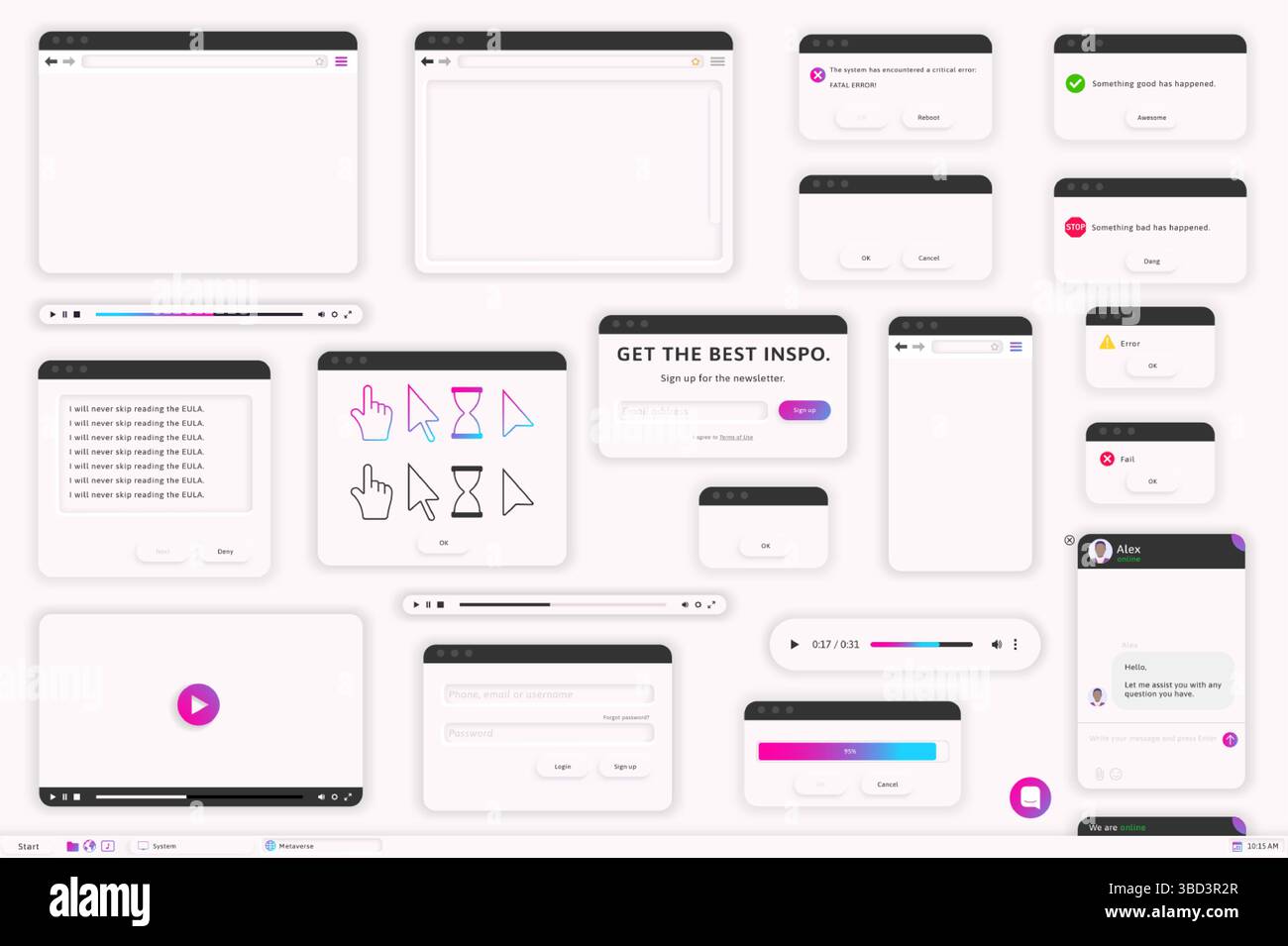 Modern clay design user interface windows. Material design Web browser, video and audio player ...